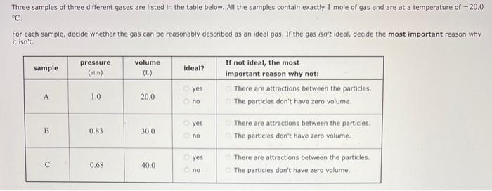 Solved Three samples of three different gases are listed in | Chegg.com