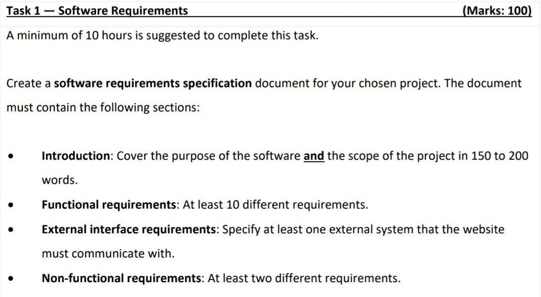 Solved Task 1 - Software Requirements (Marks: 100) A minimum | Chegg.com