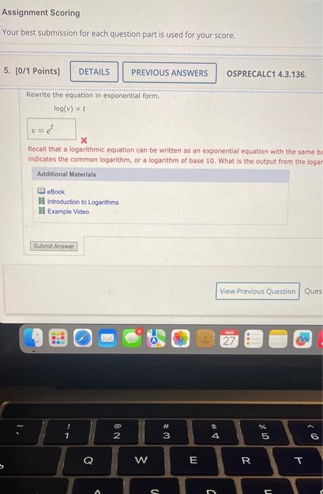 Solved Rewrite the equation in exponential form. log(v)=t | Chegg.com