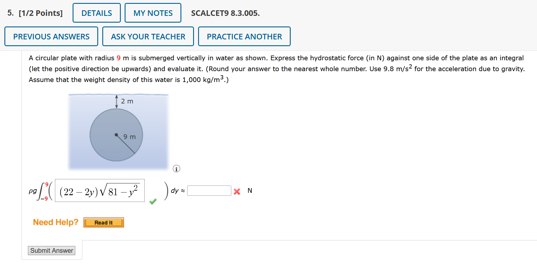 Solved A circular plate with radius 9 ﻿m is submerged | Chegg.com