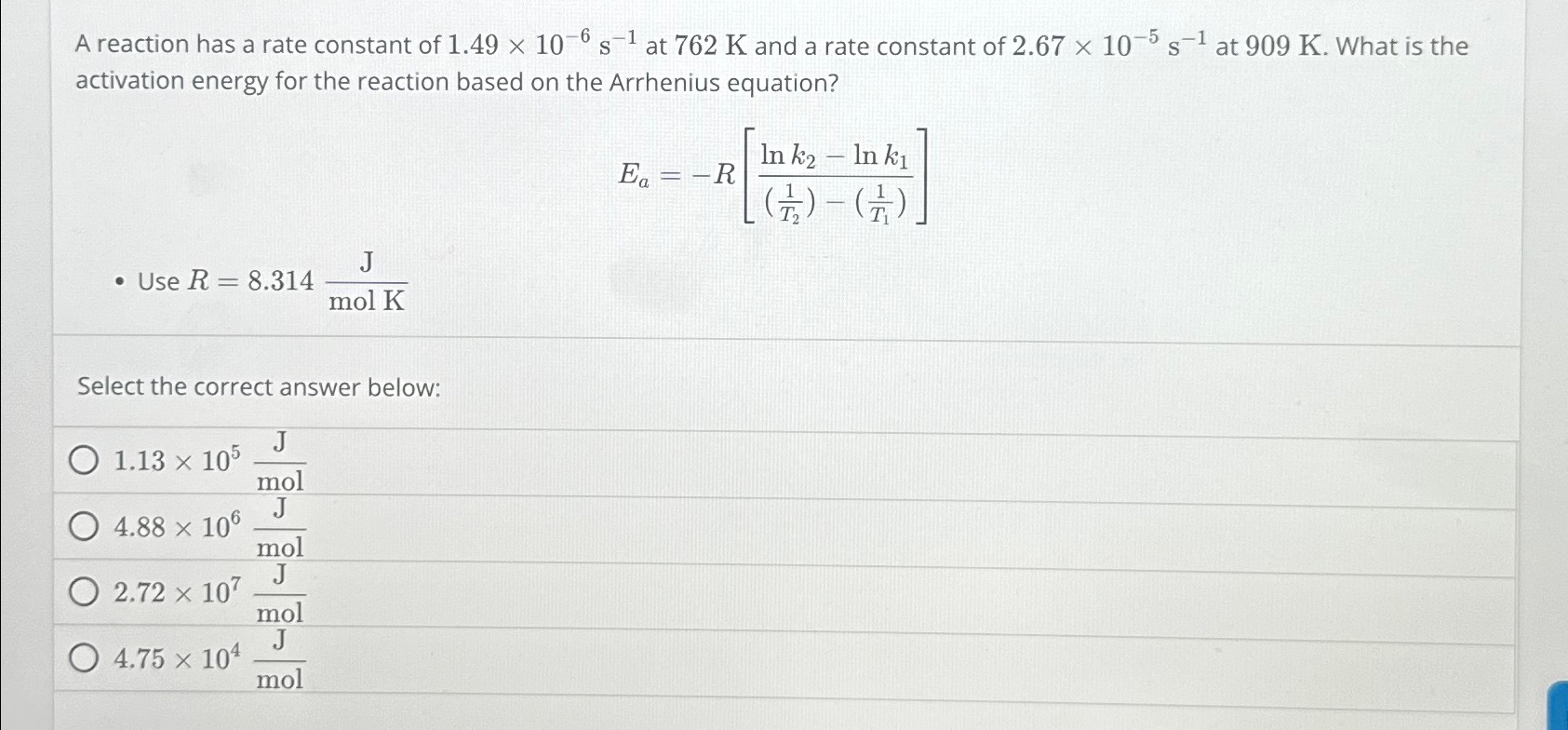 Solved A reaction has a rate constant of 1.49×10-6s-1 ﻿at | Chegg.com