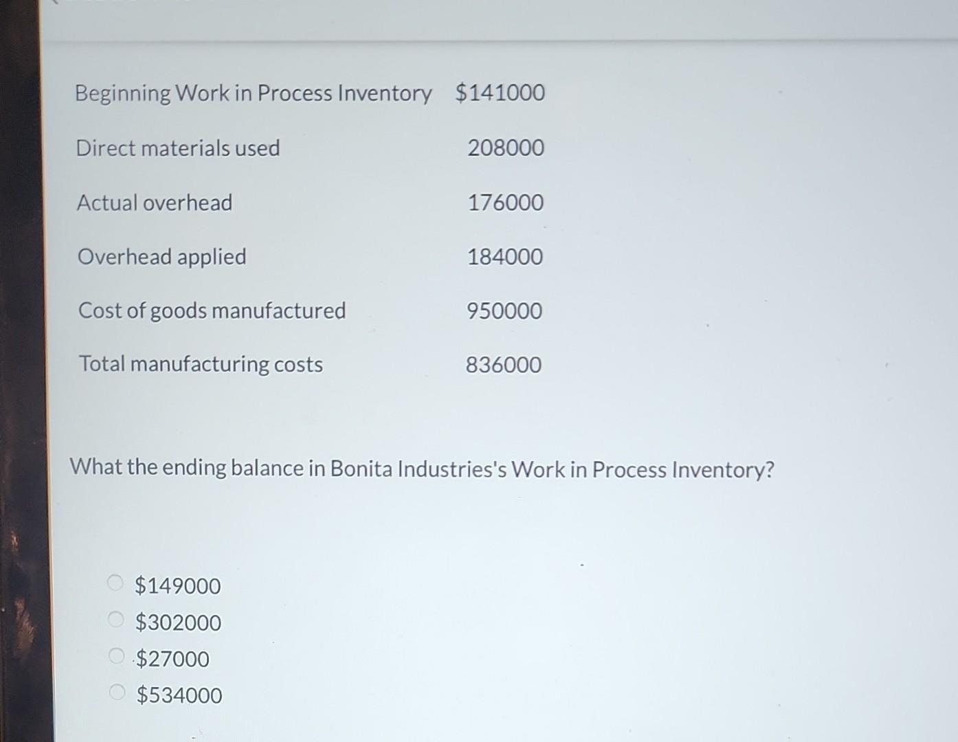 Solved Beginning Work in Process Inventory $141000 What the | Chegg.com