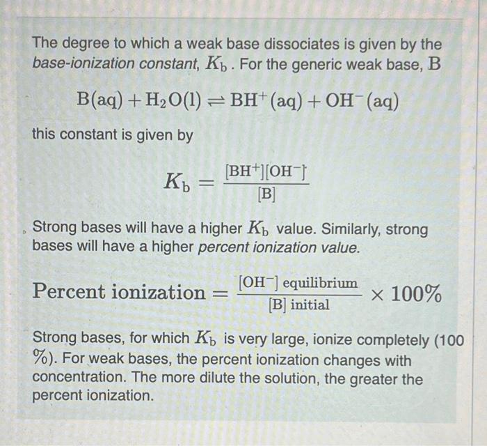 Solved The degree to which a weak base dissociates is given | Chegg.com