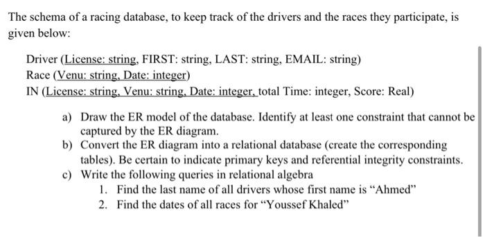 Solved The schema of a racing database, to keep track of the | Chegg.com