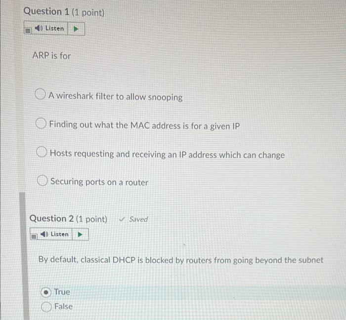 Solved Question 1 (1 point) Listen ARP is for A wireshark | Chegg.com
