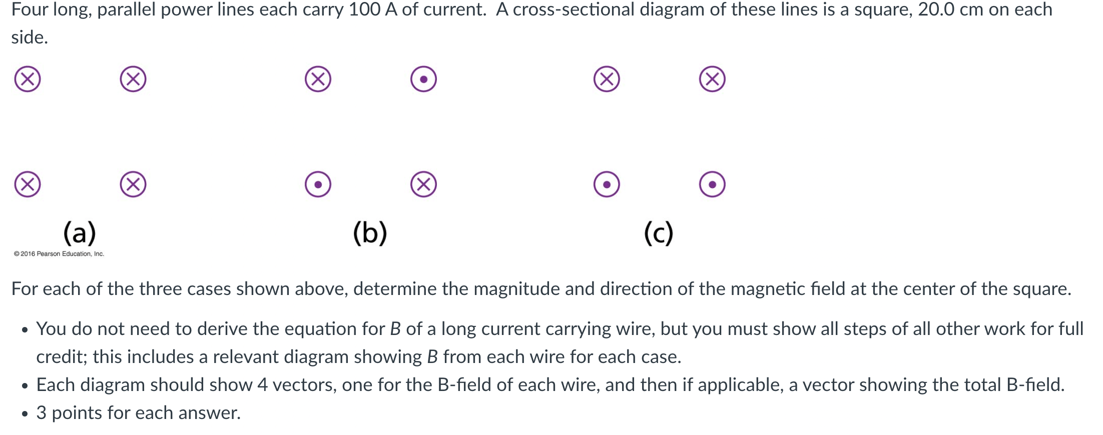 Solved Four long, parallel power lines each carry 100A ﻿of | Chegg.com