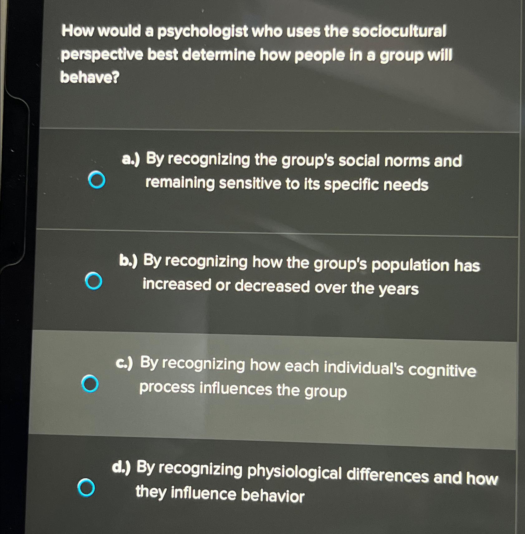 Solved How would a psychologist who uses the sociocultural | Chegg.com