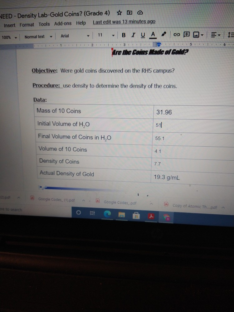 Solved WEED - Density Lab-Gold Coins? (Grade 4) ☆ Insert | Chegg.com