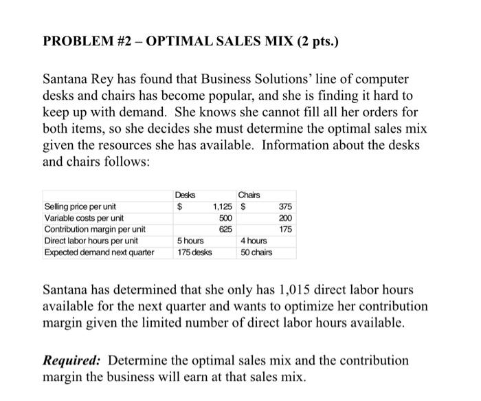 Solved PROBLEM #2 - OPTIMAL SALES MIX (2 pts.) Santana Rey | Chegg.com
