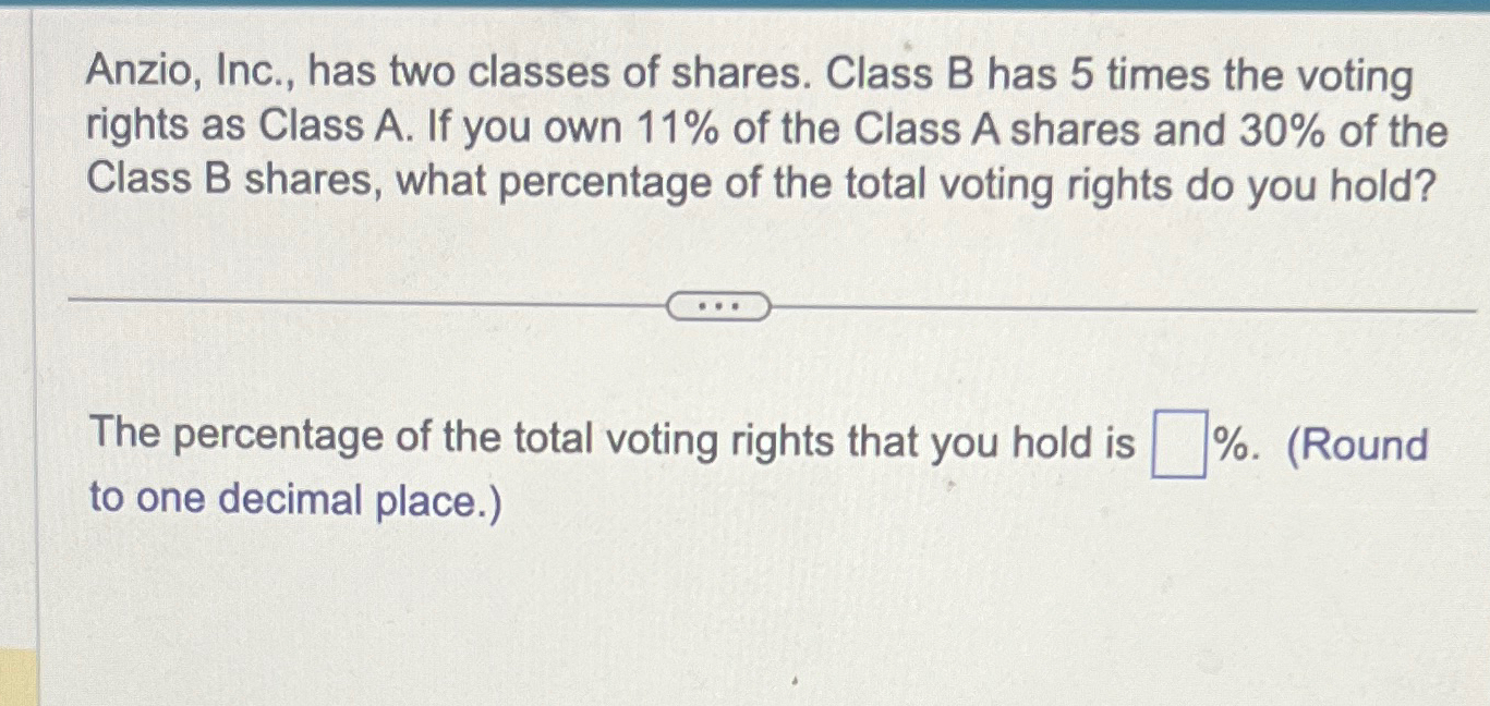 Solved Anzio, Inc., has two classes of shares. Class B has 5 | Chegg.com
