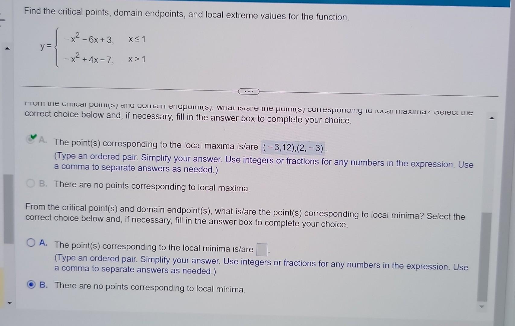 Solved Find the critical points, domain endpoints, and local | Chegg.com