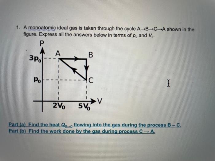 Solved 1. A monoatomic ideal gas is taken through the cycle | Chegg.com