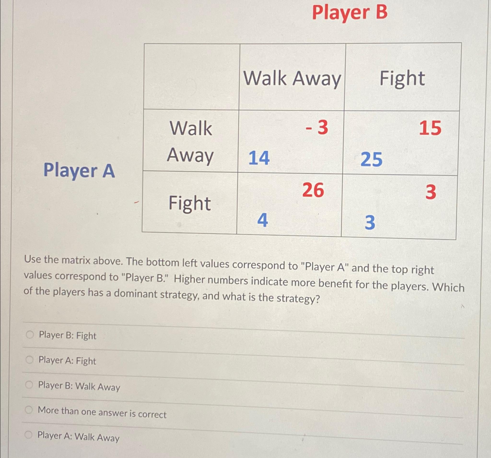 Solved Player B\table[[Player A,,Walk | Chegg.com