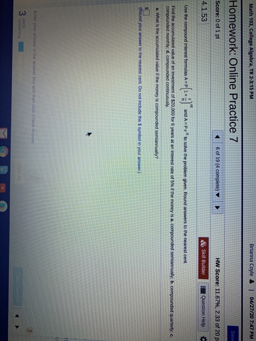 Solved Math 103, College Algebra, TR 2-3:15 PM Brianna Coyle | Chegg.com