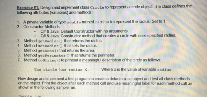 Solved Exercise #1: Design and implement class Circle to | Chegg.com Solved Exercise #1: Design and implement class Circle to | Chegg.com