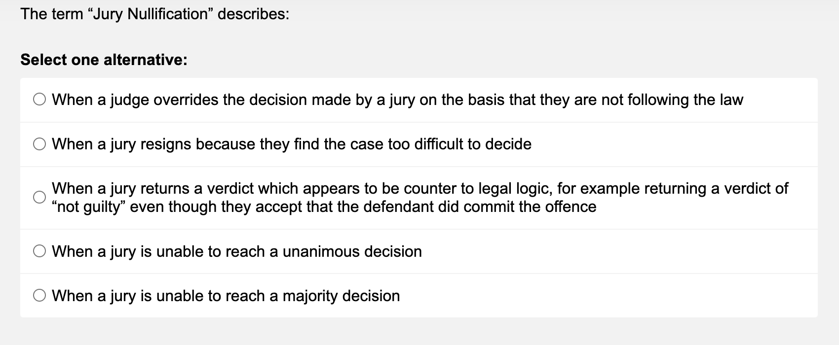 Solved The term "Jury Nullification" describes:Select one | Chegg.com