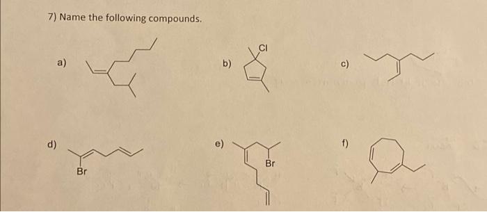 Solved 7) Name the following compounds. a) b) c) d) e) f) | Chegg.com