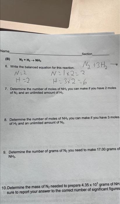 Solved (B) N2+H2→NH3 6. Write the balanced equation for this | Chegg.com