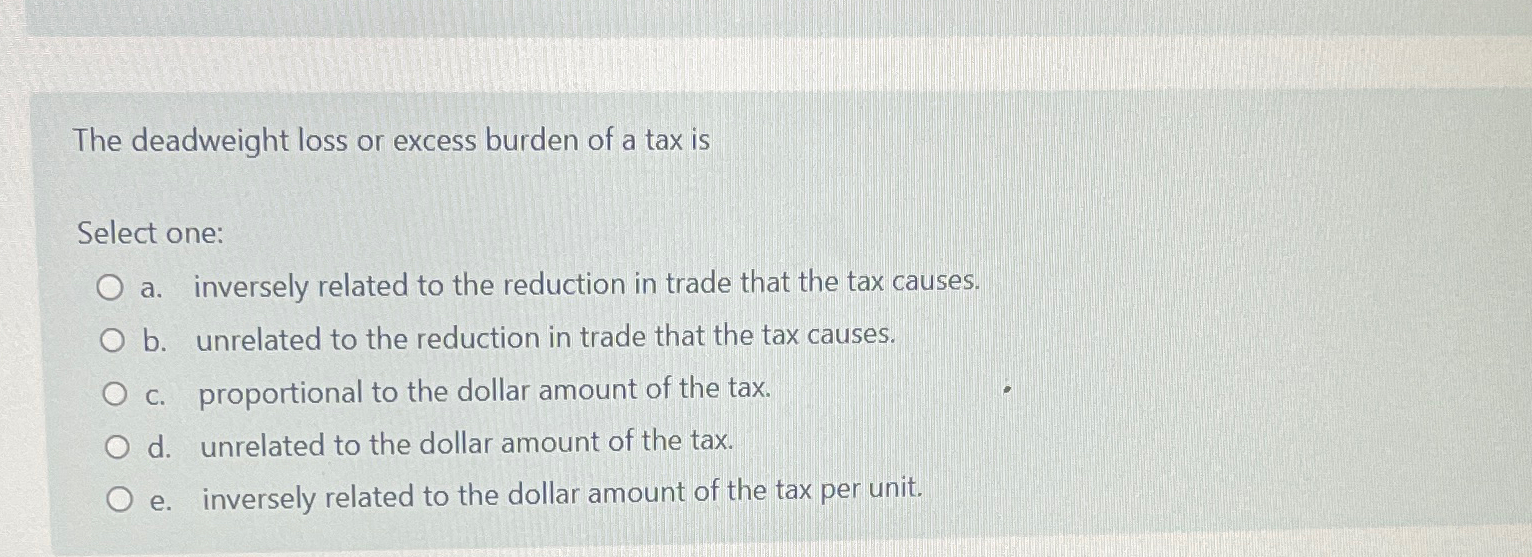 Solved The deadweight loss or excess burden of a tax | Chegg.com