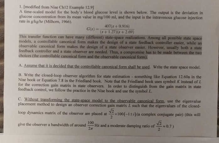 Solved 1. [modified from Nise Ch12 Example 12.9] A | Chegg.com