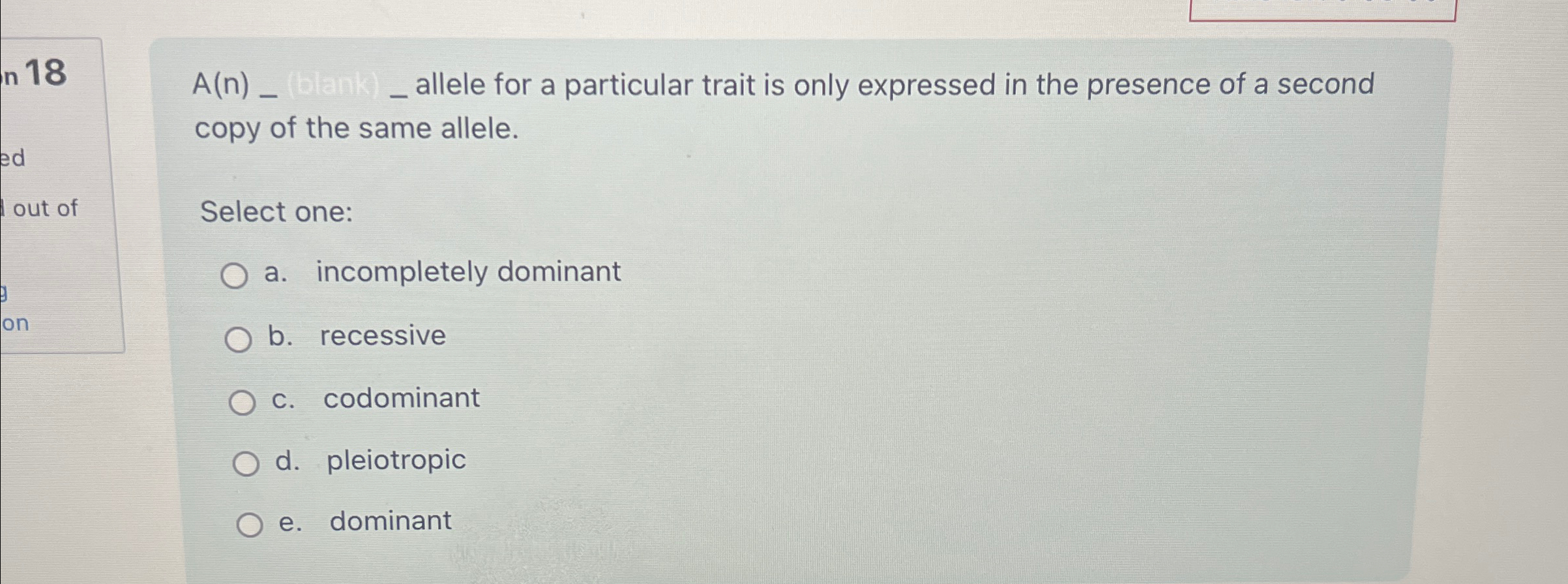 Solved 18A(n) - 1 ﻿aran _ ﻿allele for a particular trait is | Chegg.com