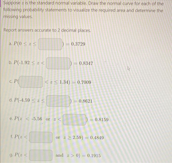 Solved Suppose z is the standard normal variable. Draw the | Chegg.com