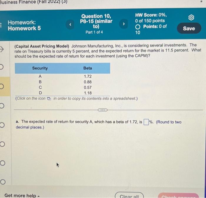 Solved (Expected rate of return using CAPM) a. Compute the | Chegg.com
