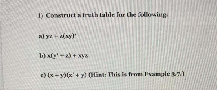 Solved 1) Construct a truth table for the following: a) | Chegg.com