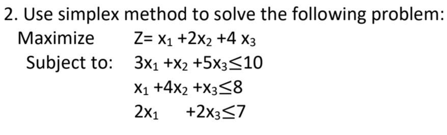 Solved 2. Use simplex method to solve the following problem: | Chegg.com