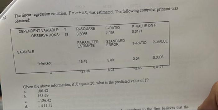 Solved 18 The linear regression equation, Y=a+bX, was | Chegg.com
