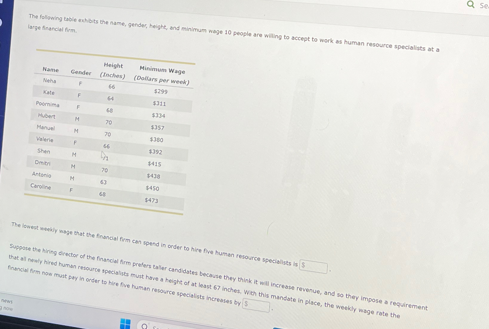 Solved The following table exhibits the name, gender, | Chegg.com