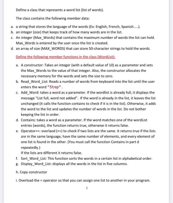Solved Define a class that represents a word list (list of | Chegg.com