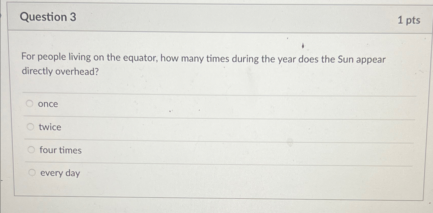 Solved Question 31ptsFor people living on the equator, how | Chegg.com