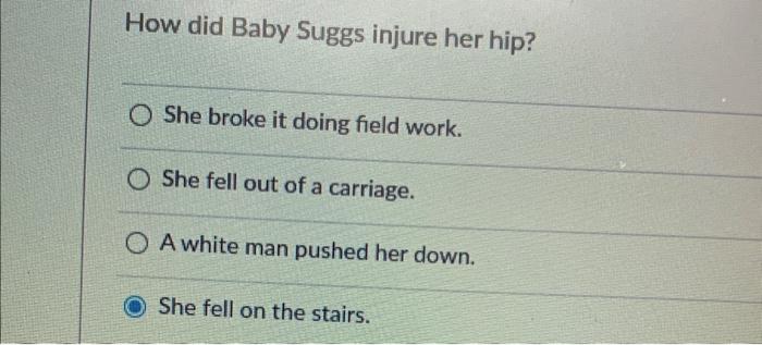 How did Baby Suggs injure her hip?What reason does | Chegg.com
