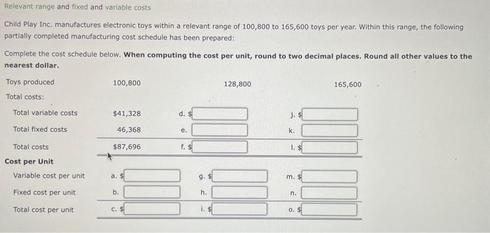 Solved Relevant range and fixed and variable costs Child | Chegg.com