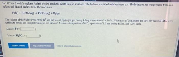 Solved In 1897 the Swedish explorer Andree tried to reach | Chegg.com