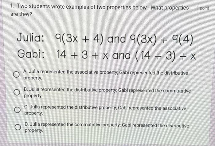Solved 1. Two students wrote examples of two properties | Chegg.com