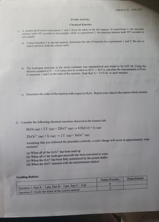CHEM2121 Fall 2020 Prelab Activity: Chemical Kinetics | Chegg.com