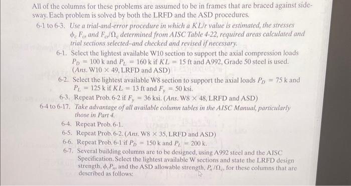 All Of The Columns For These Problems Are Assumed To