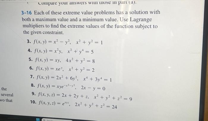 Solved 3-16 Each of these extreme value problems has a | Chegg.com