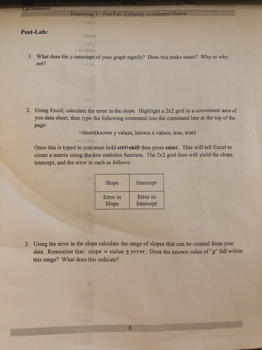 Solved Date Section Lab Partner() Experiment 3-Free-Fall: | Chegg.com