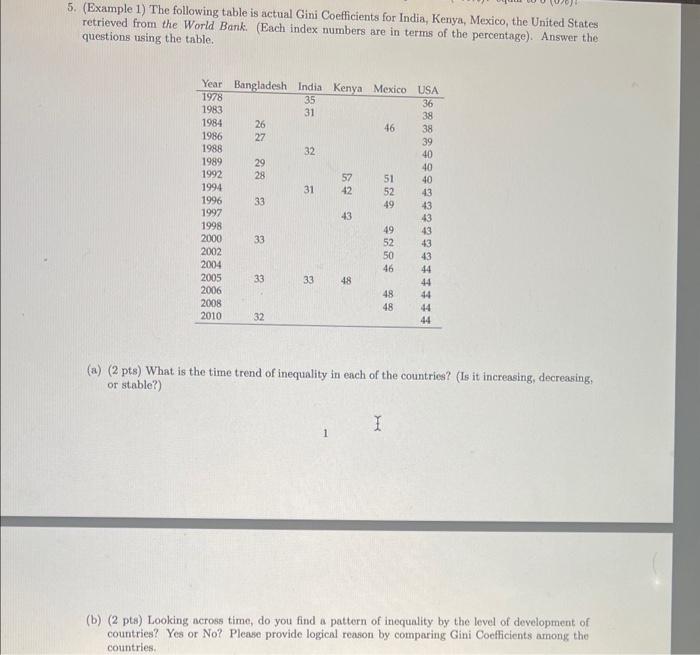 Solved 5. (Example 1) The following table is actual Gini | Chegg.com