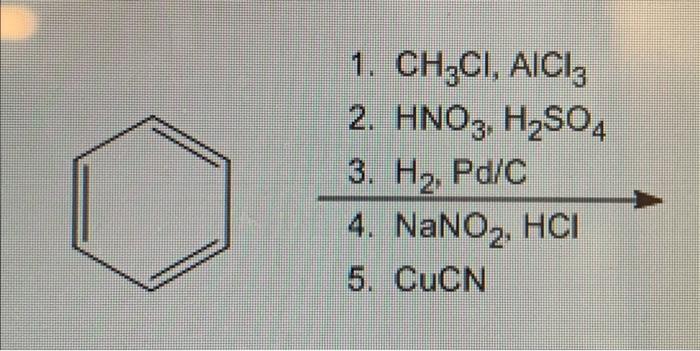 Solved 1. CH3Cl,AlCl3 2. HNO3,H2SO4 3. H2,Pd/C 4. NaNO2,HCl | Chegg.com
