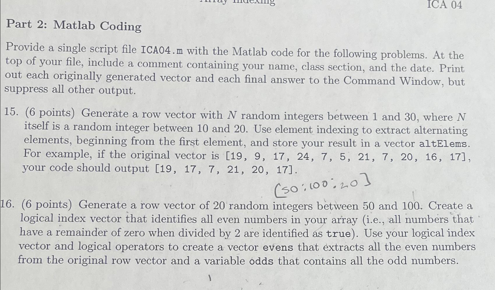 Solved Ica 04part 2 Matlab Codingprovide A Single Script 