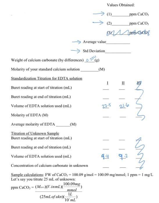 Solved Values Obtained: (1) ppm CaCO3 (2) ppm CaCO3 (3) | Chegg.com