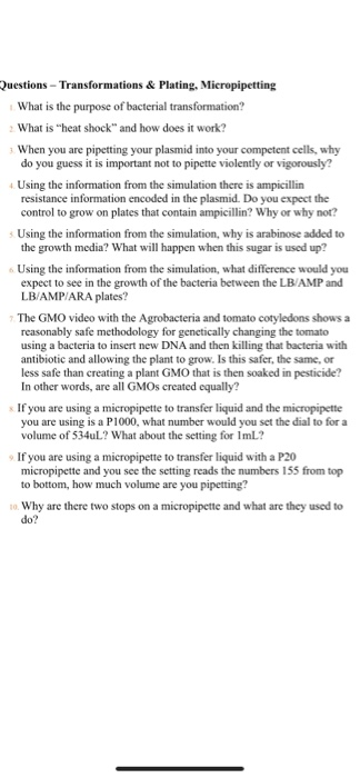 Solved Questions - Transformations & Plating, Micropipetting | Chegg.com
