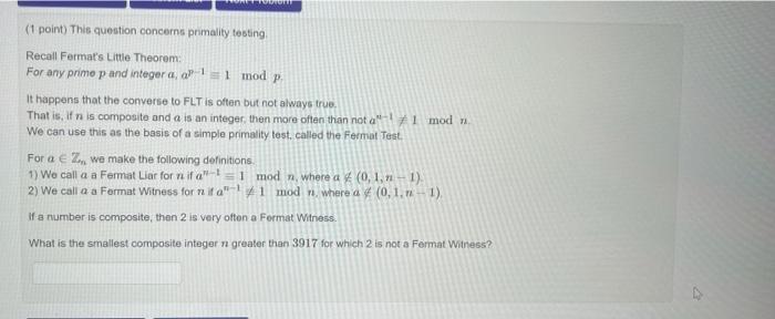 Solved (1 point) This question concerns primality testing. | Chegg.com
