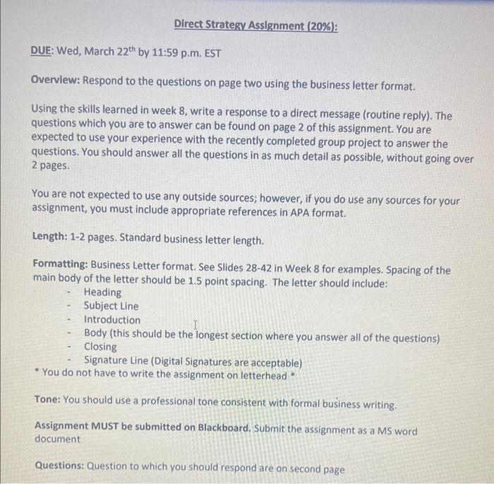 Solved Direct Strategy Assignment (20\%): DUE: Wed, March | Chegg.com