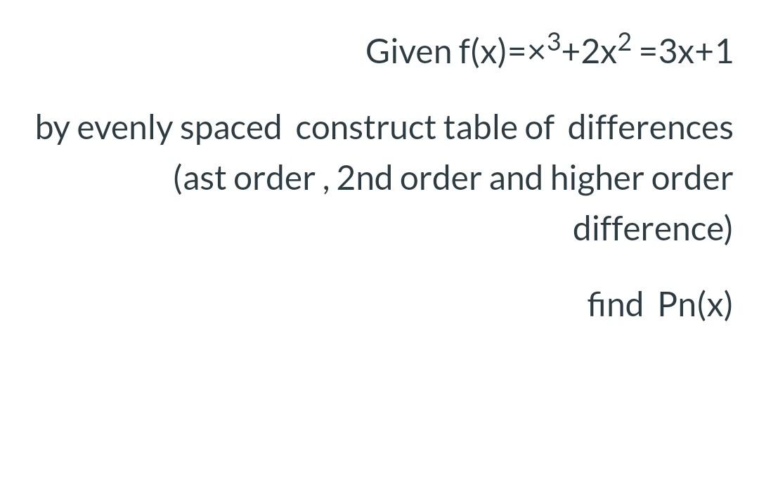 Solved Given f(x)=x3+2x2 =3x+1 by evenly spaced construct | Chegg.com