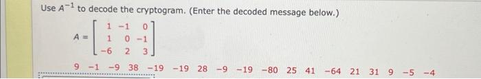 Solved Use A−1 to decode the cryptogram. (Enter the decoded | Chegg.com